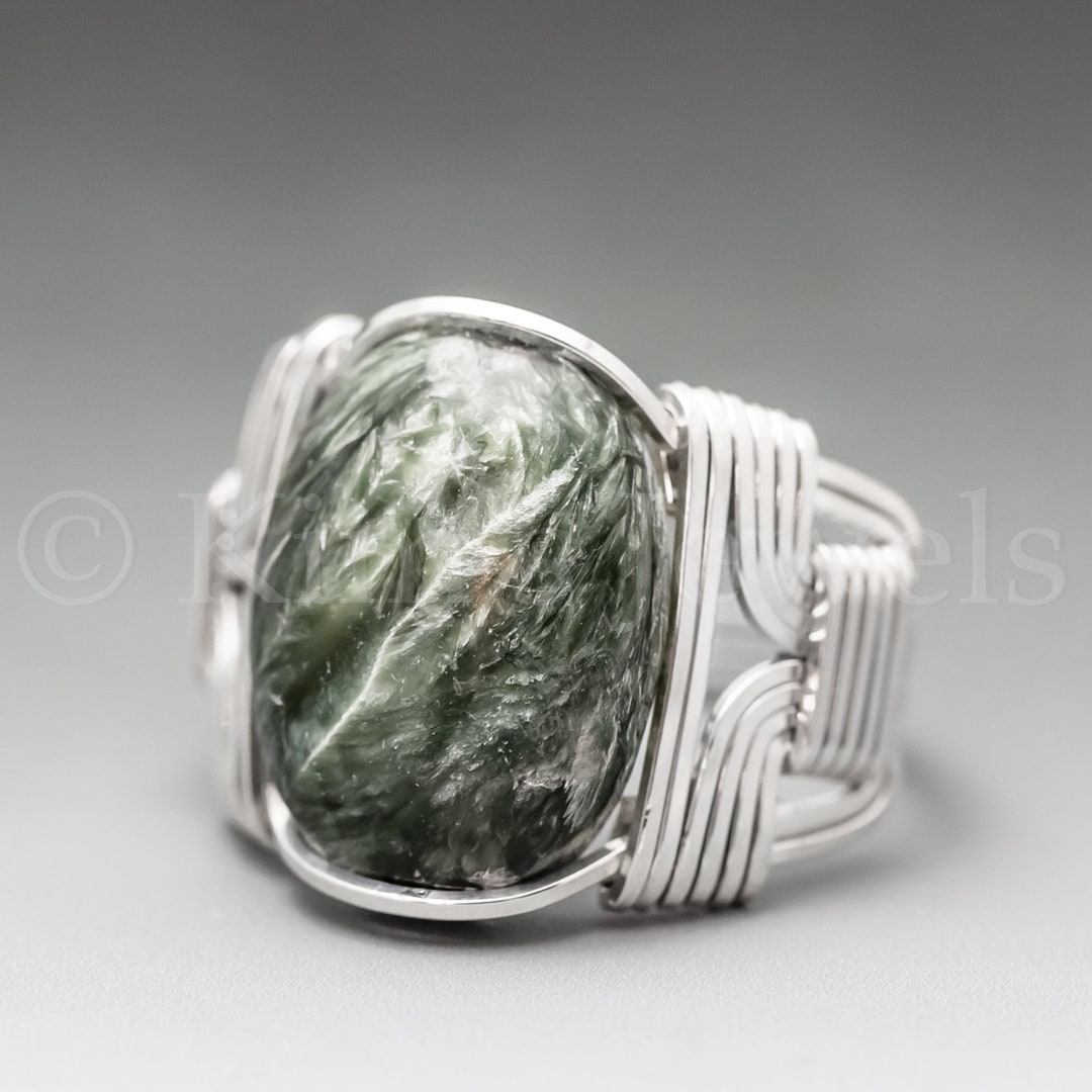 Seraphinite Gemstone Ring - Sterling Silver Wire Wrapped Clinochlore ...