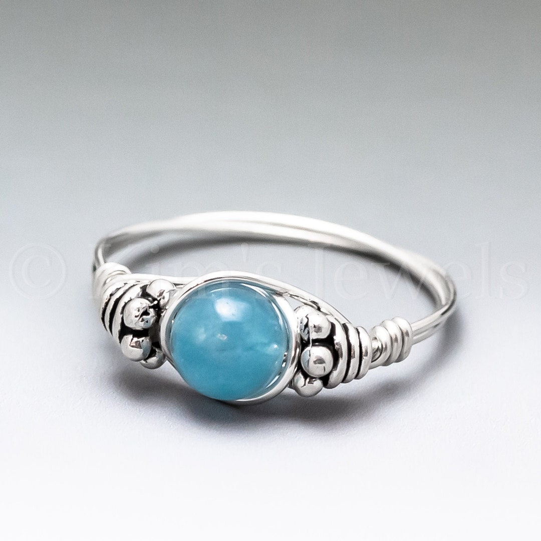 Blue Hemimorphite Bali Sterling Silver Wire Wrapped Gemstone BEAD Ring ...