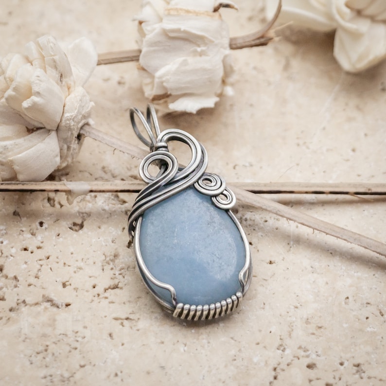 Blue Angelite Gemstone Sterling Oxidized Silver Wire Wrapped Pendant ...