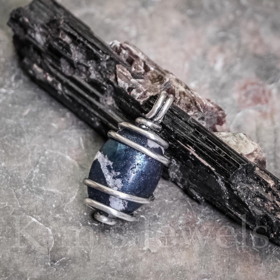 Blue Covellite Gemstone Oxidized Sterling Silver Wire Wrapped Mini ...