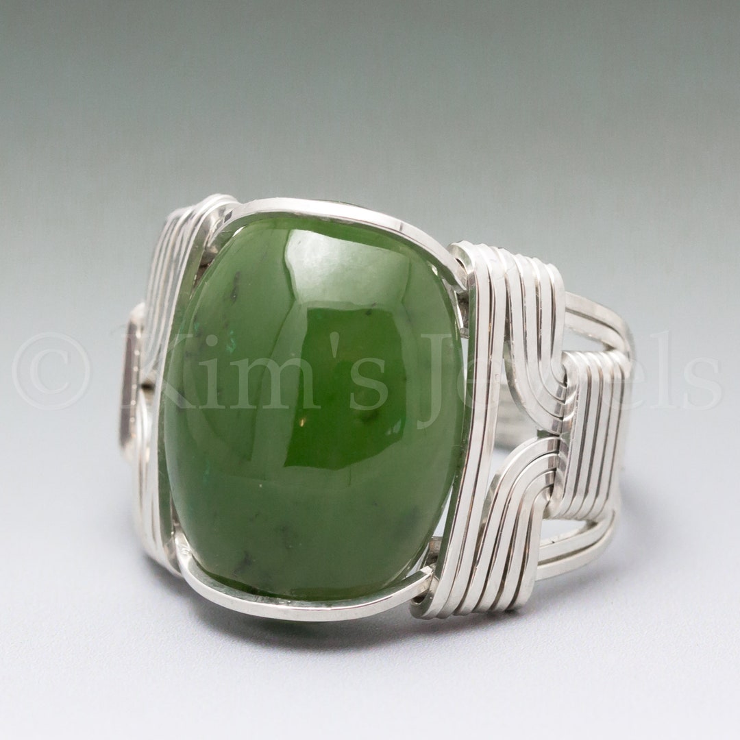 Nephrite Jade Sterling Silver Wire Wrapped Gemstone Cabochon Ring ...