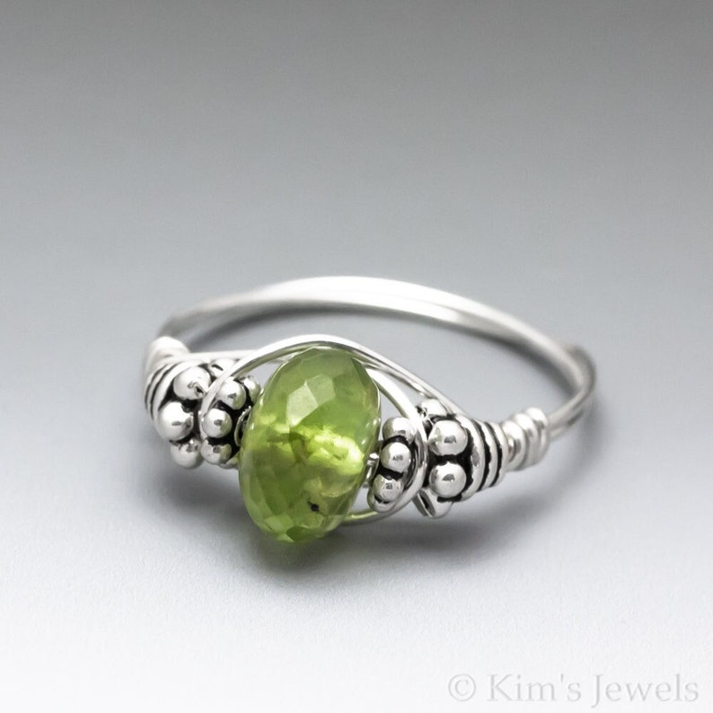 Peridot Faceted Bali Sterling Silver Wire Wrapped Gemstone Bead Ring ...
