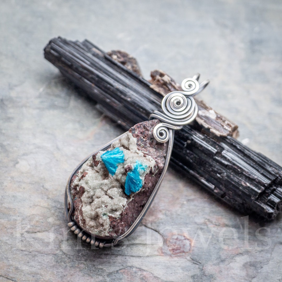 Cavansite Blue Crystal Druzy in Matrix Gemstone Oxidized Sterling ...