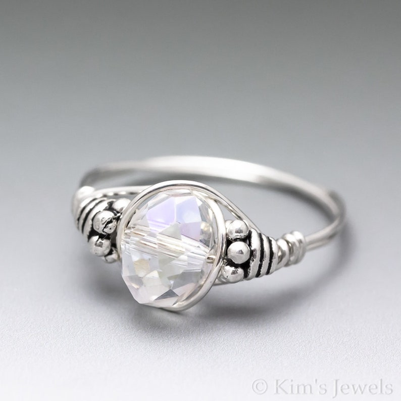 White Angel Aura Quartz Crystal Faceted Sterling Silver Wire Bead Ring ...