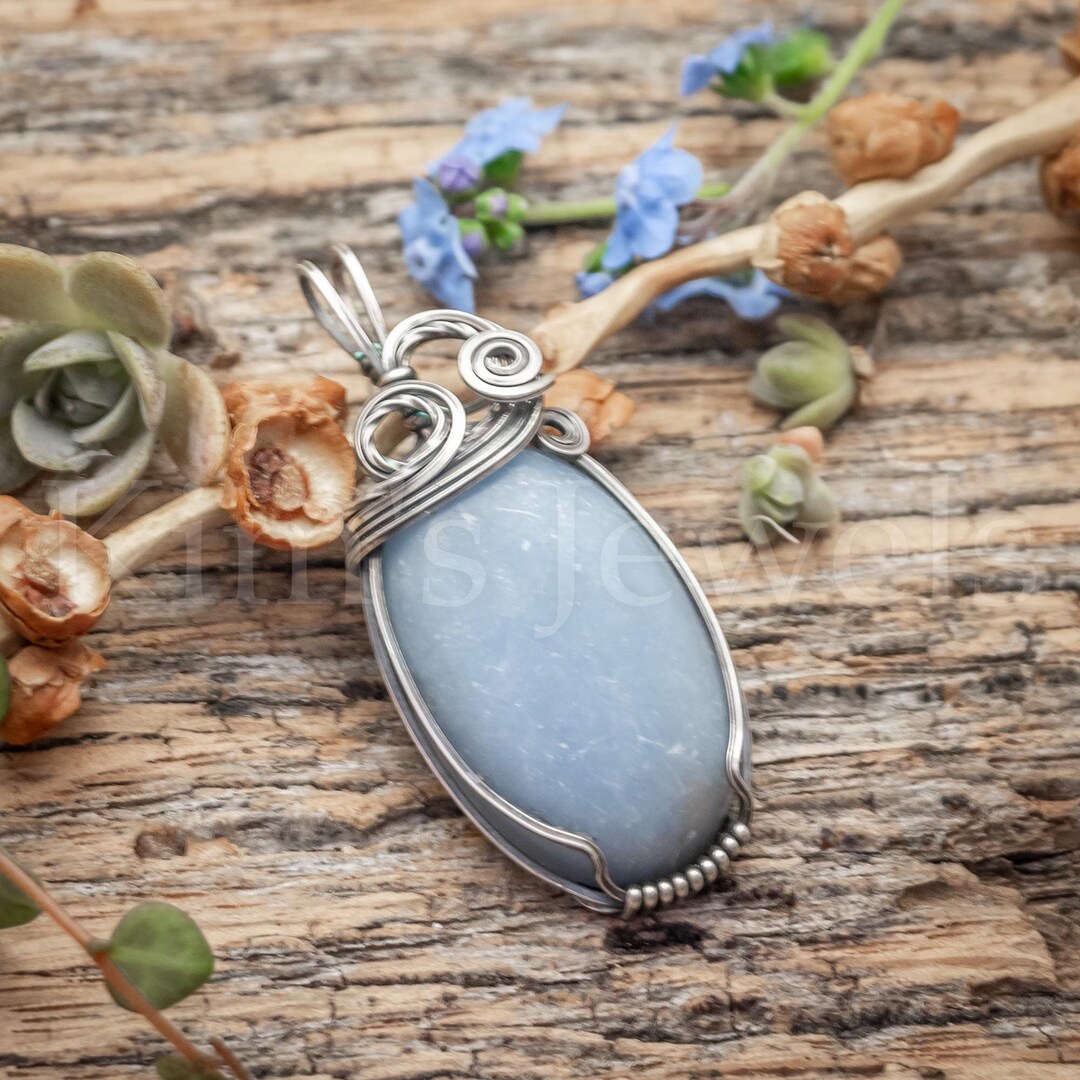 Angelite Periwinkle Blue Gemstone, Oxidized Sterling Silver Wire ...