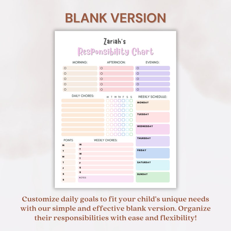 Kids Responsibility Chart, Printable Chore Chart for Kids ...