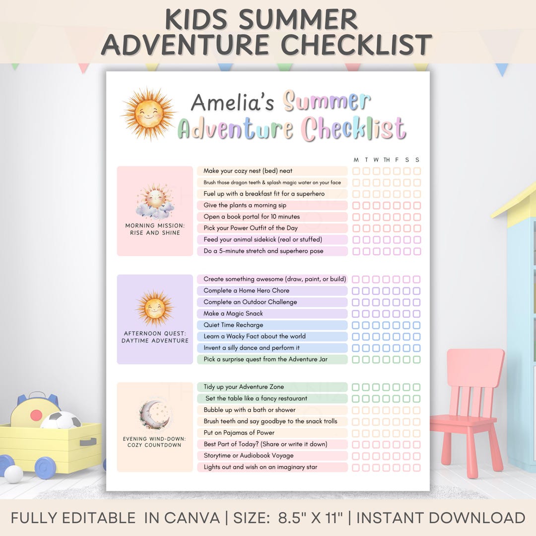 Kids Summer Checklist Printable Activity Planner Daily Routine Chart ...