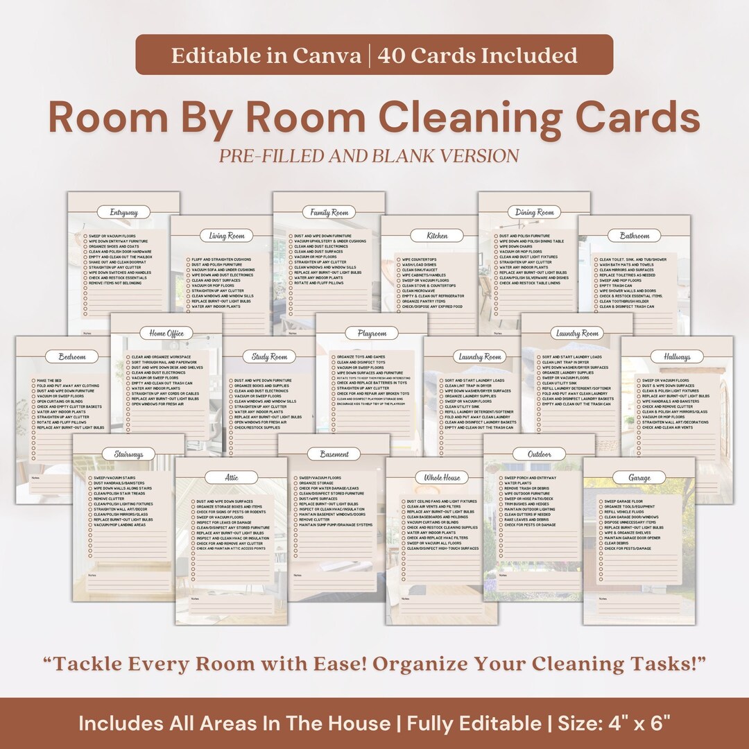 Room by Room Cleaning Cards Printable Checklist Cleaning Schedule ...