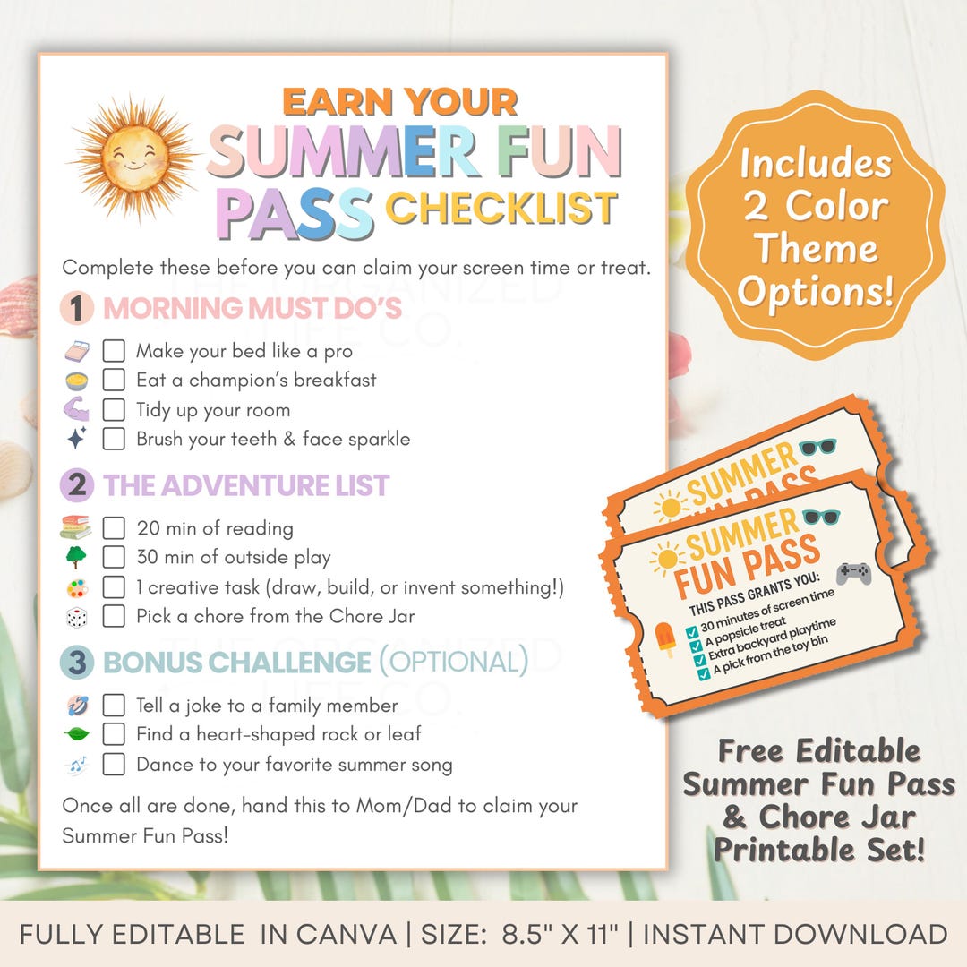 Summer Fun Pass Checklist: Kids Chore Chart & Screen Time Rules ...