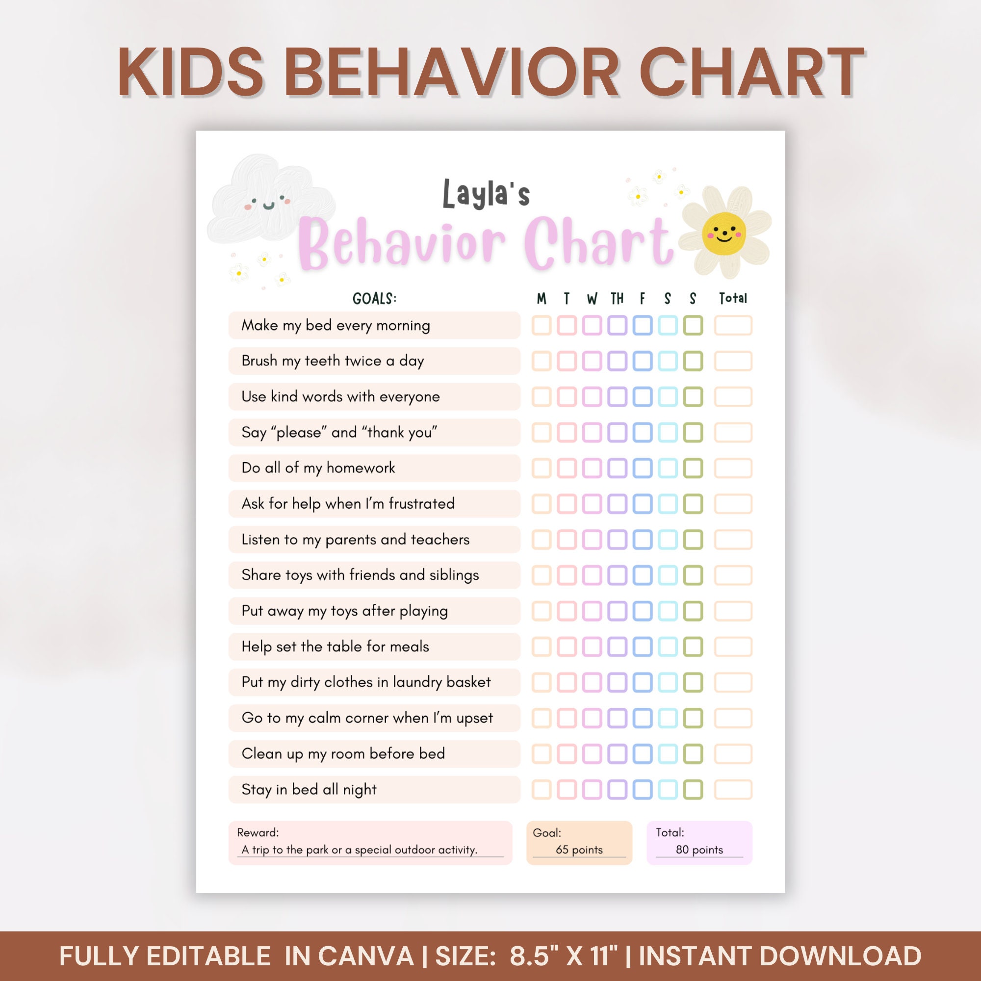 Editable Behavior Tracker for Kids Colorful Chart Template With Rewards ...