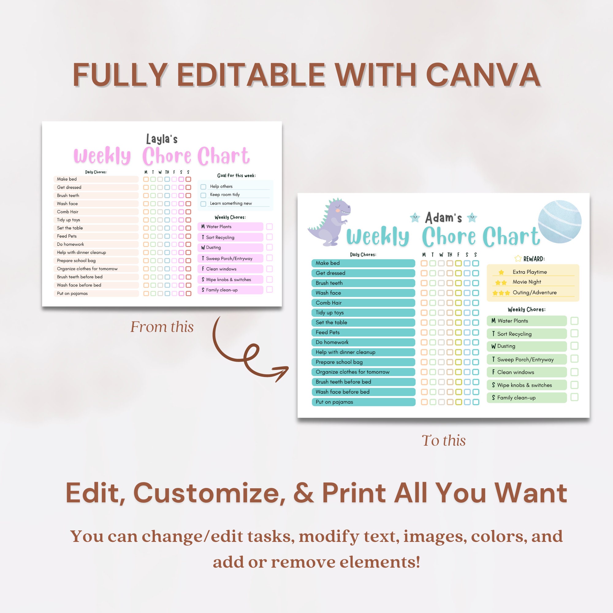 Editable Kids Chore Chart: Daily & Weekly Responsibility (printable PDF ...