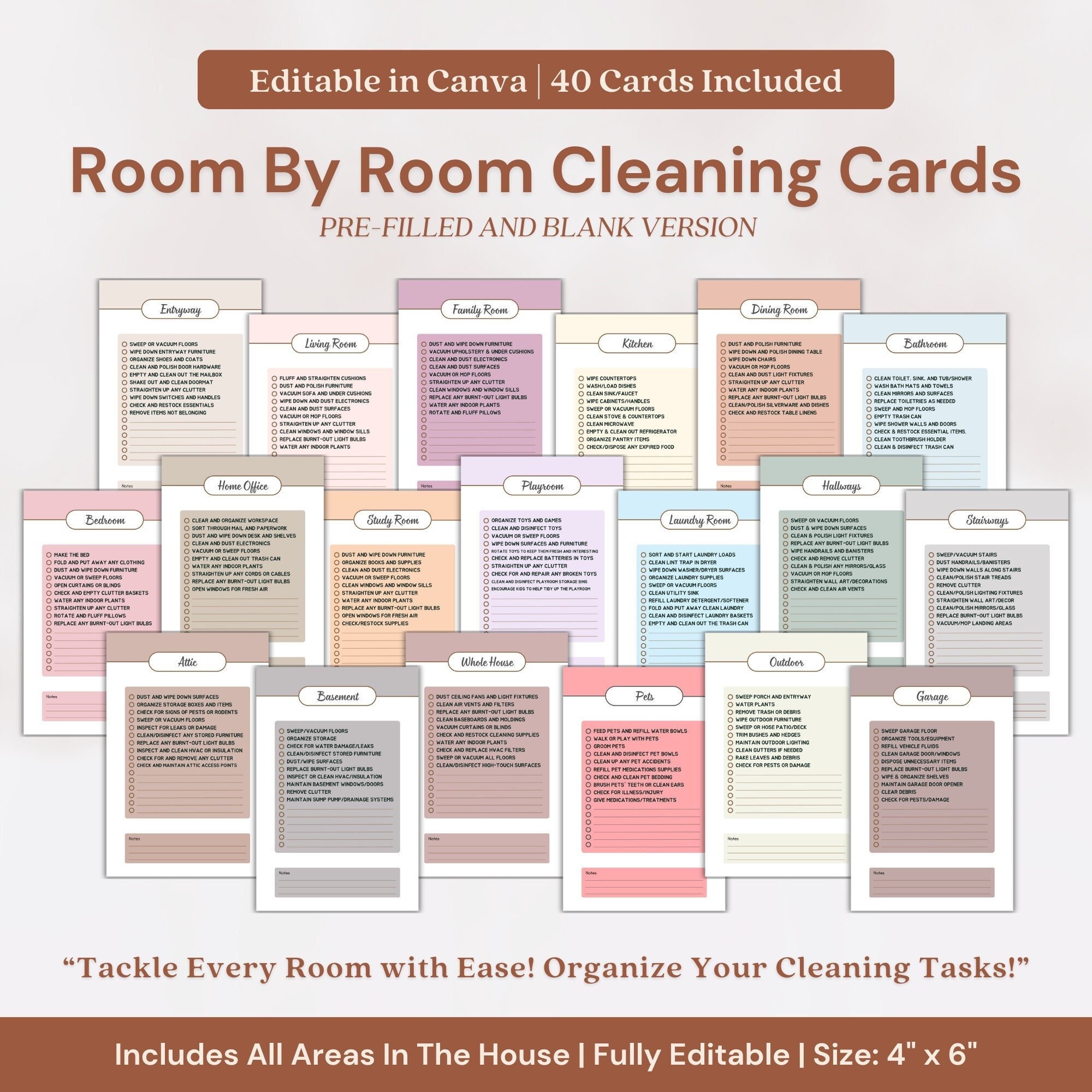 Editable Room by Room Cleaning Cards Printable Checklist Cleaning ...