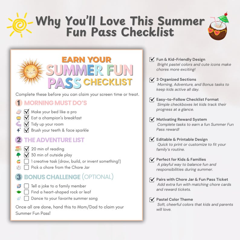 Summer Rules Screentime Checklist Editable Summer Chore Chart Summer ...