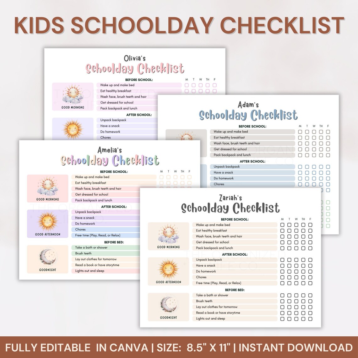 School Day Checklist for Kids, Printable Kids Chore Chart, Kids ...