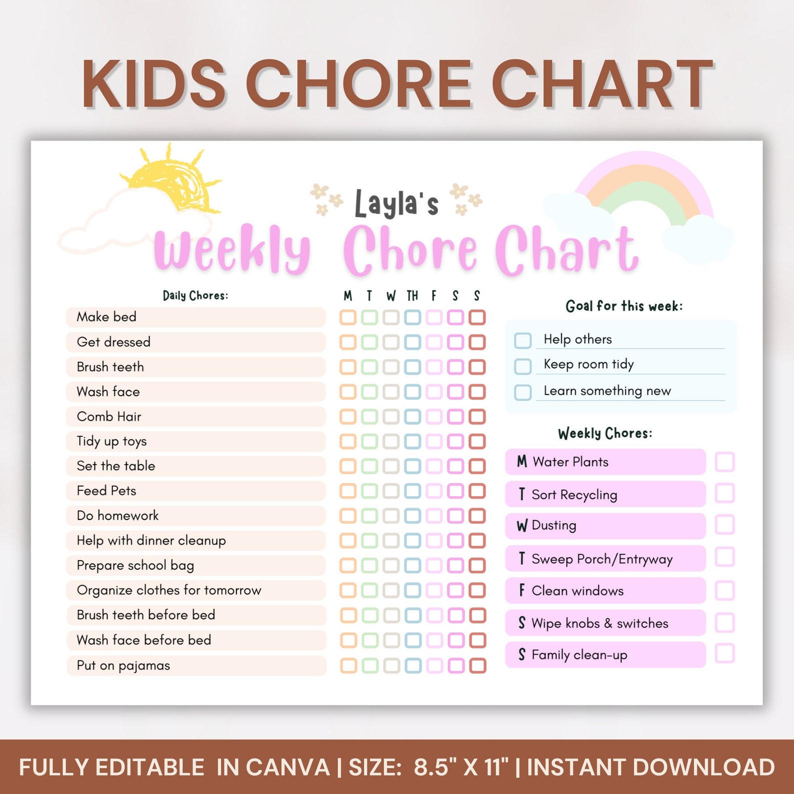 Editable Chore Chart for Kids, Kids Daily Weekly Chores, Kids Chore ...