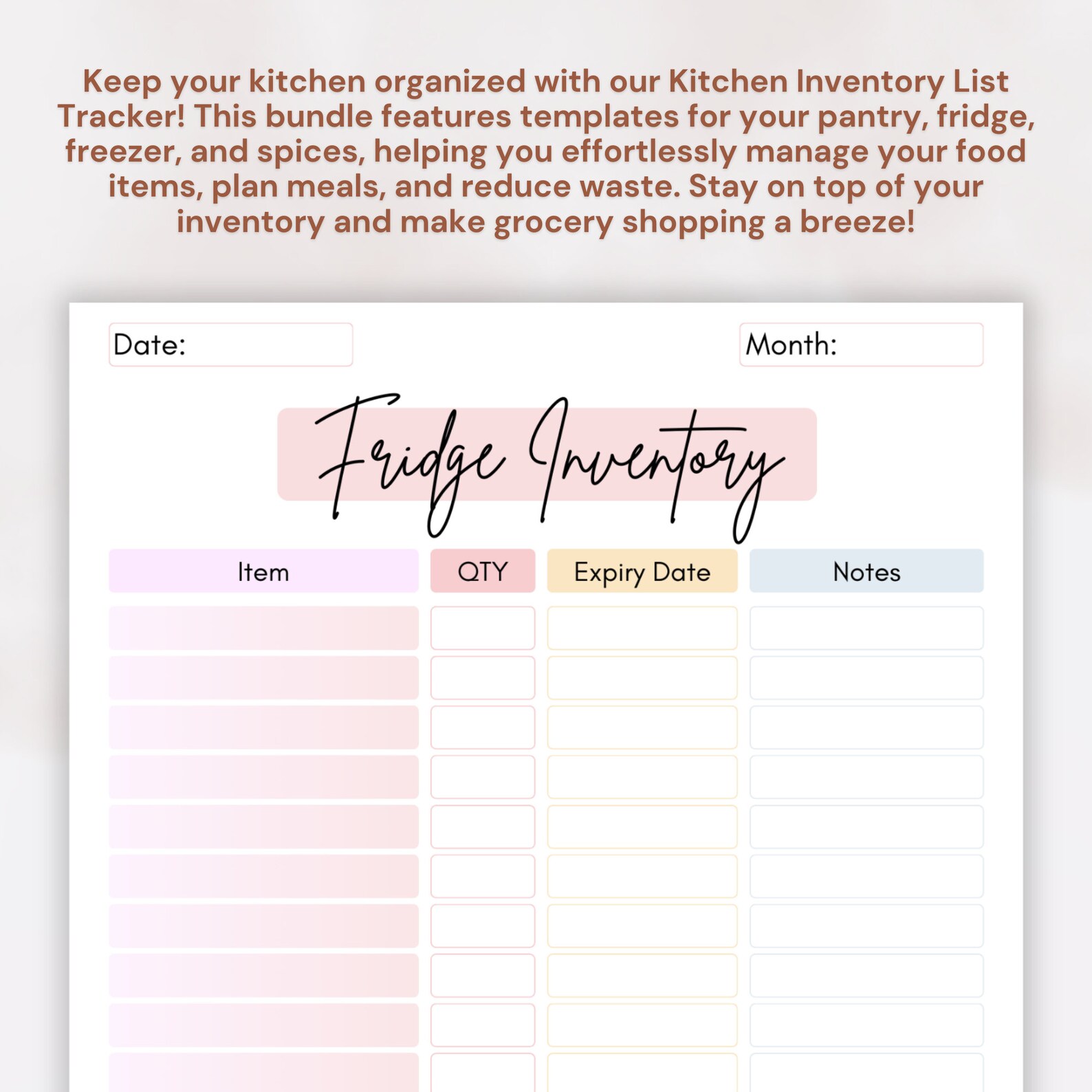 Editable & Printable Kitchen Inventory Tracker | Fridge, Freezer ...