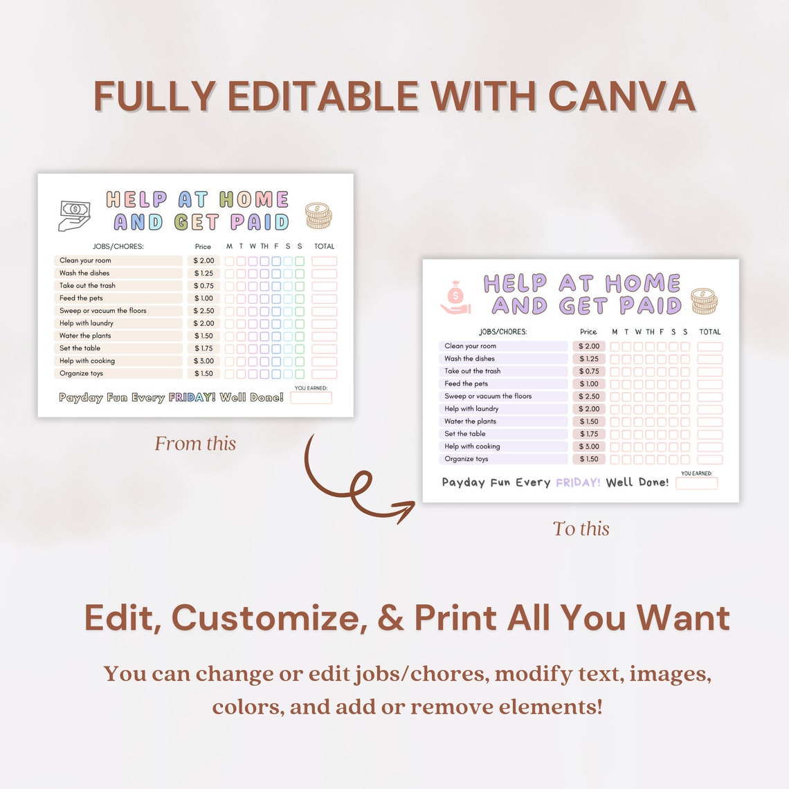 How to Earn Money Chore Chart, Editable Allowance Chore Chart for Kids ...