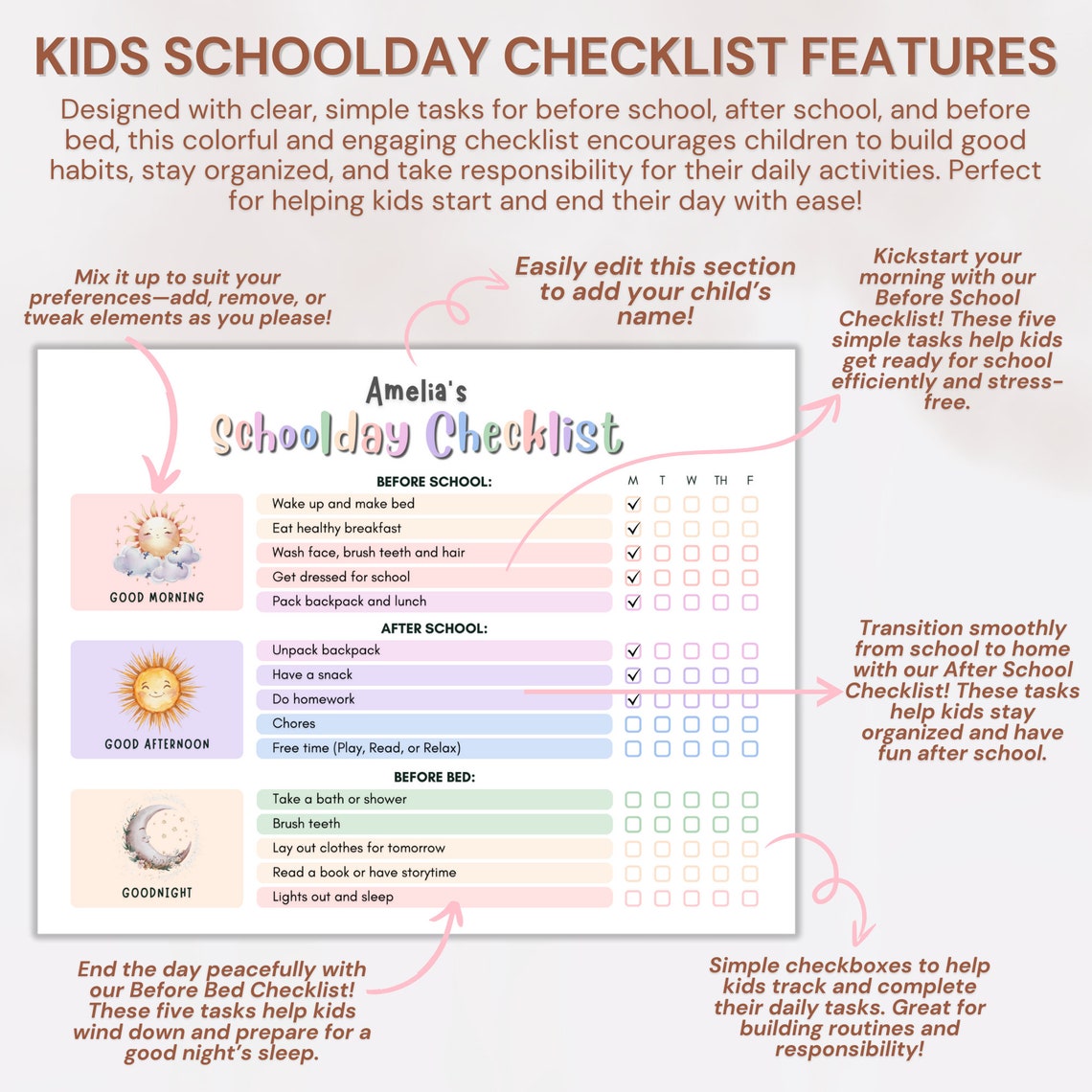 School Day Checklist for Kids, Printable Kids Chore Chart, Kids ...