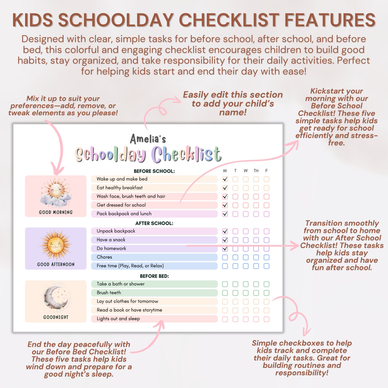 School Day Checklist for Kids, Printable Kids Chore Chart, Kids ...
