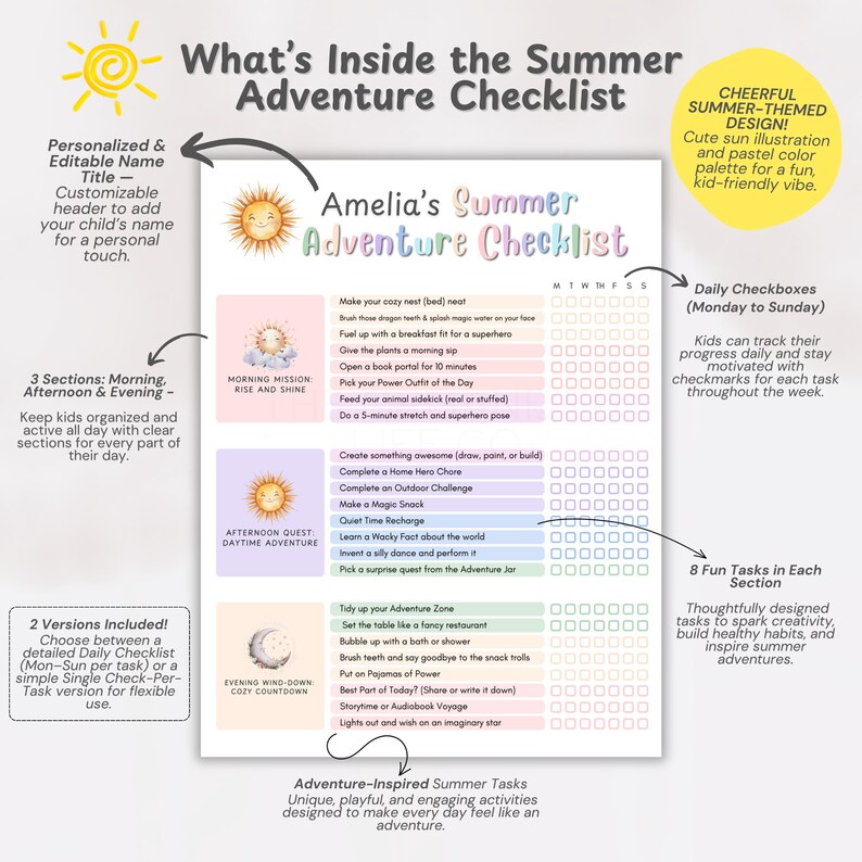 Kids Summer Checklist Printable Activity Planner Daily Routine Chart ...