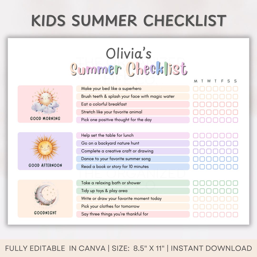 Kids Summer Checklist Printable Summer Planner Kids Chore Chart Summer ...