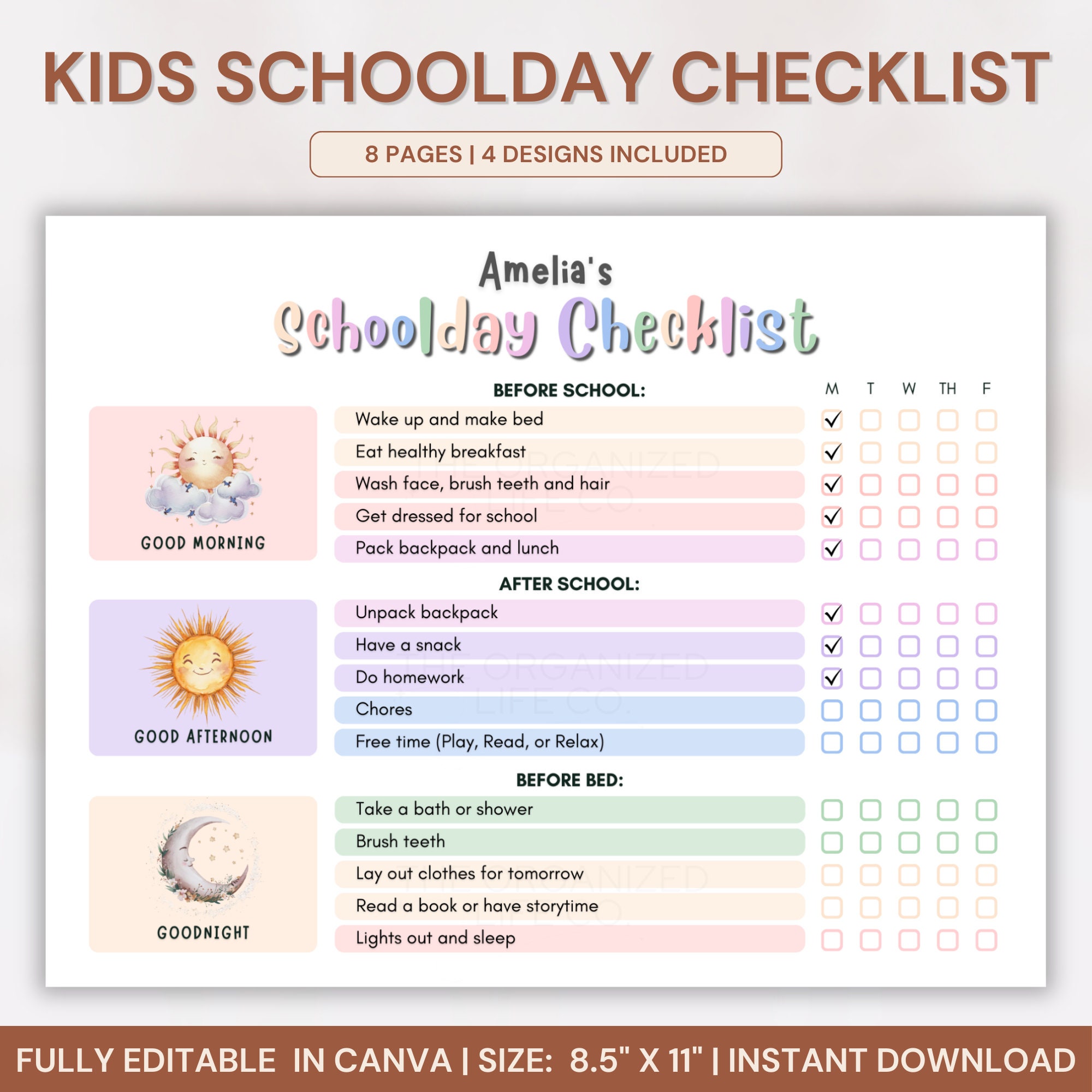 School Day Checklist for Kids, Printable Kids Chore Chart, Kids ...