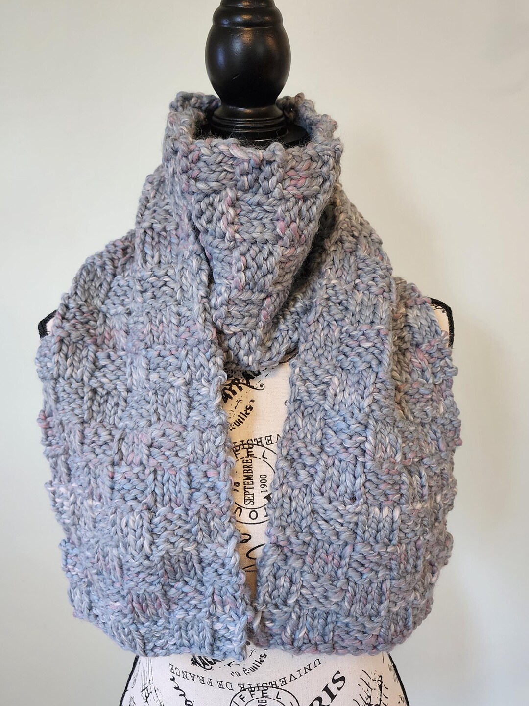 Large Hand Knit Textured Check Stitch Reversible Acrylic and Wool Scarf ...
