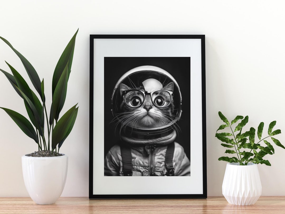 Space Cat Poster as Digital Download for Print at Home, Black and White ...