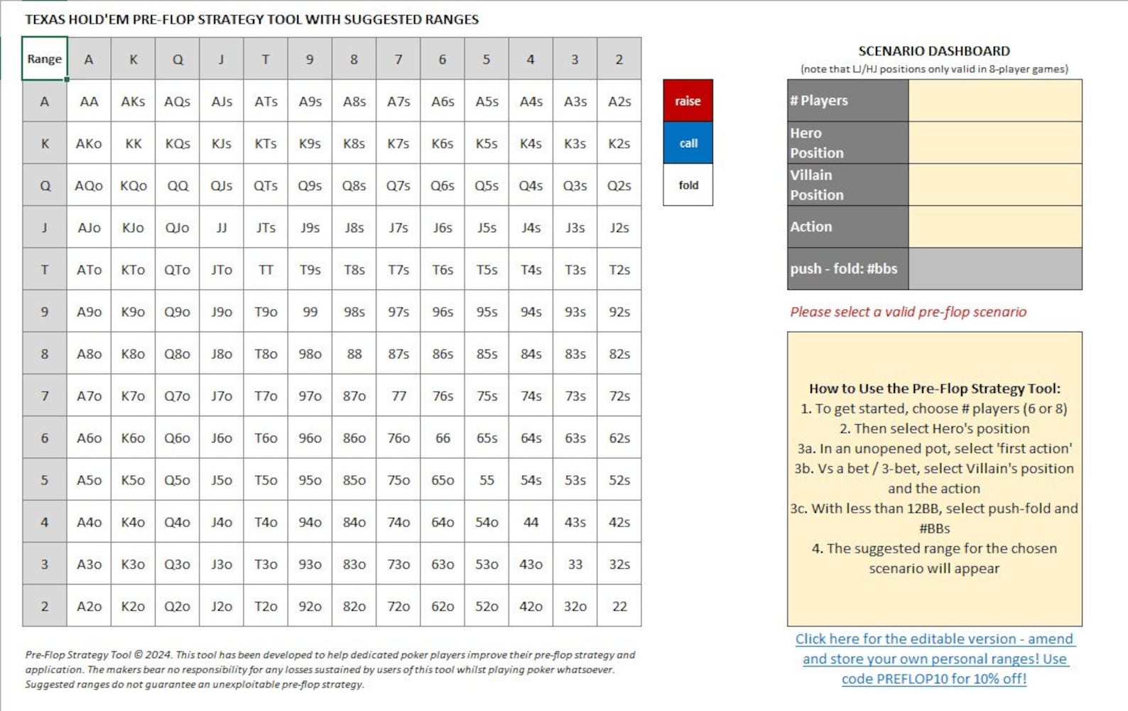 Poker Pre-flop Strategy Tool With Suggested Ranges [no Macros Required ...