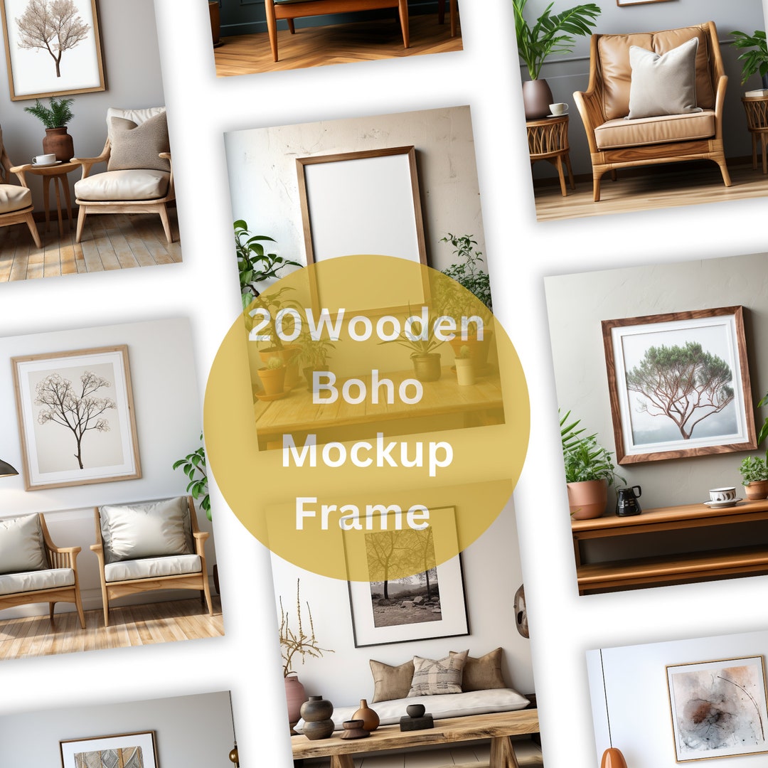 20 Beige Color Wooden Boho Furniture Frames Mockup, Blank Wall Art ...