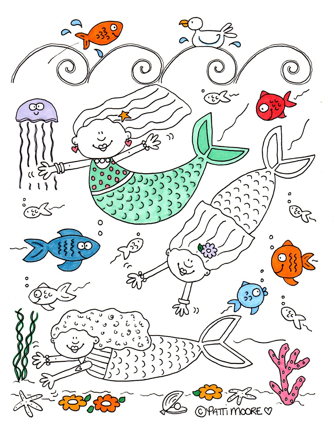 Cute Mermaid Coloring Page for Girls, Kids Coloring Page, Mermaid Party ...