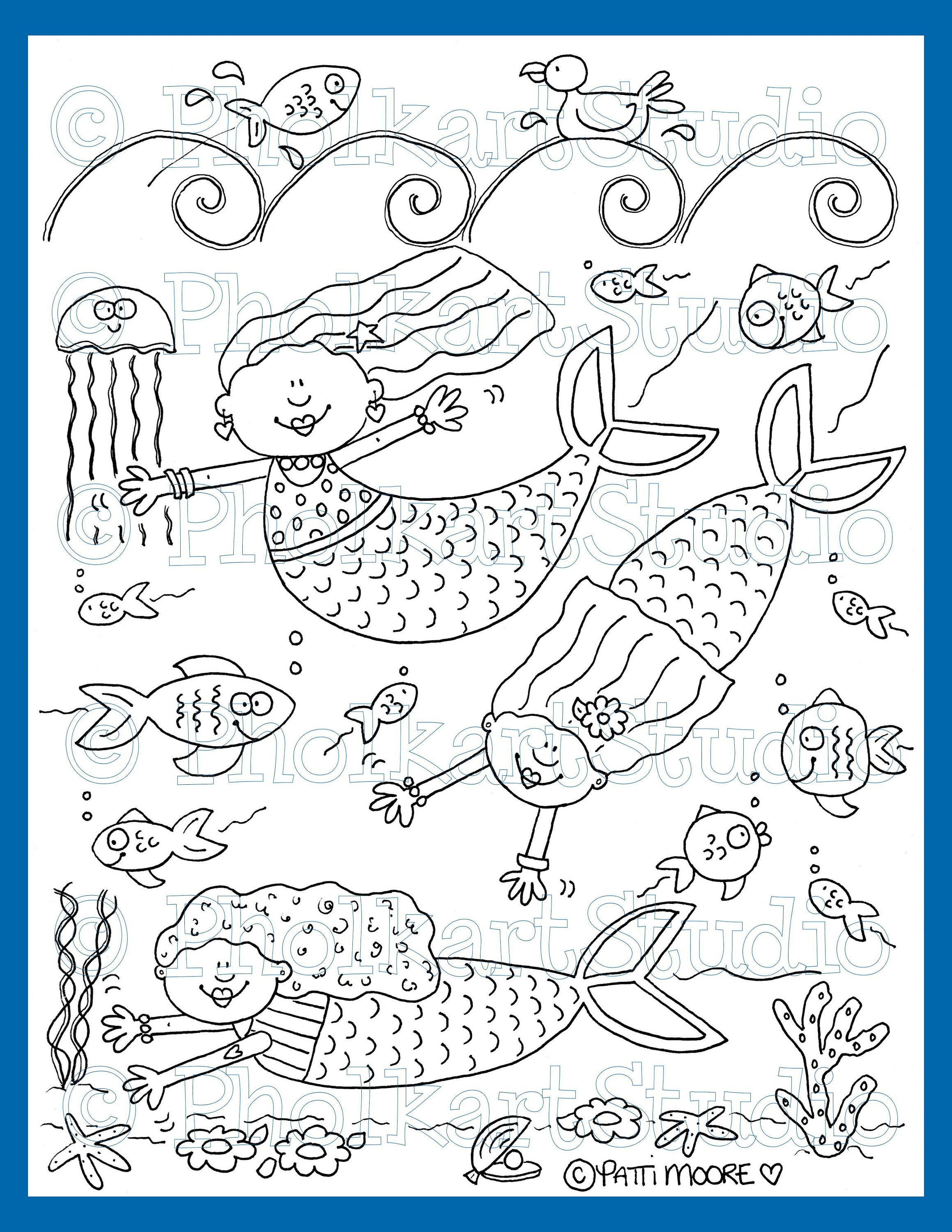 Cute Mermaid Coloring Page for Girls, Kids Coloring Page, Mermaid Party ...