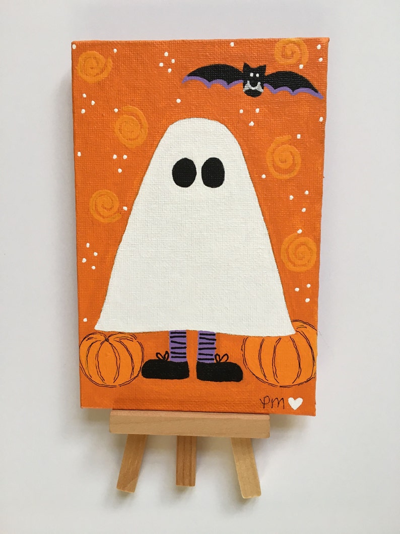 ORIGINAL Mini Canvas Painting Cute Childrens Art Little Ghost Bat ...
