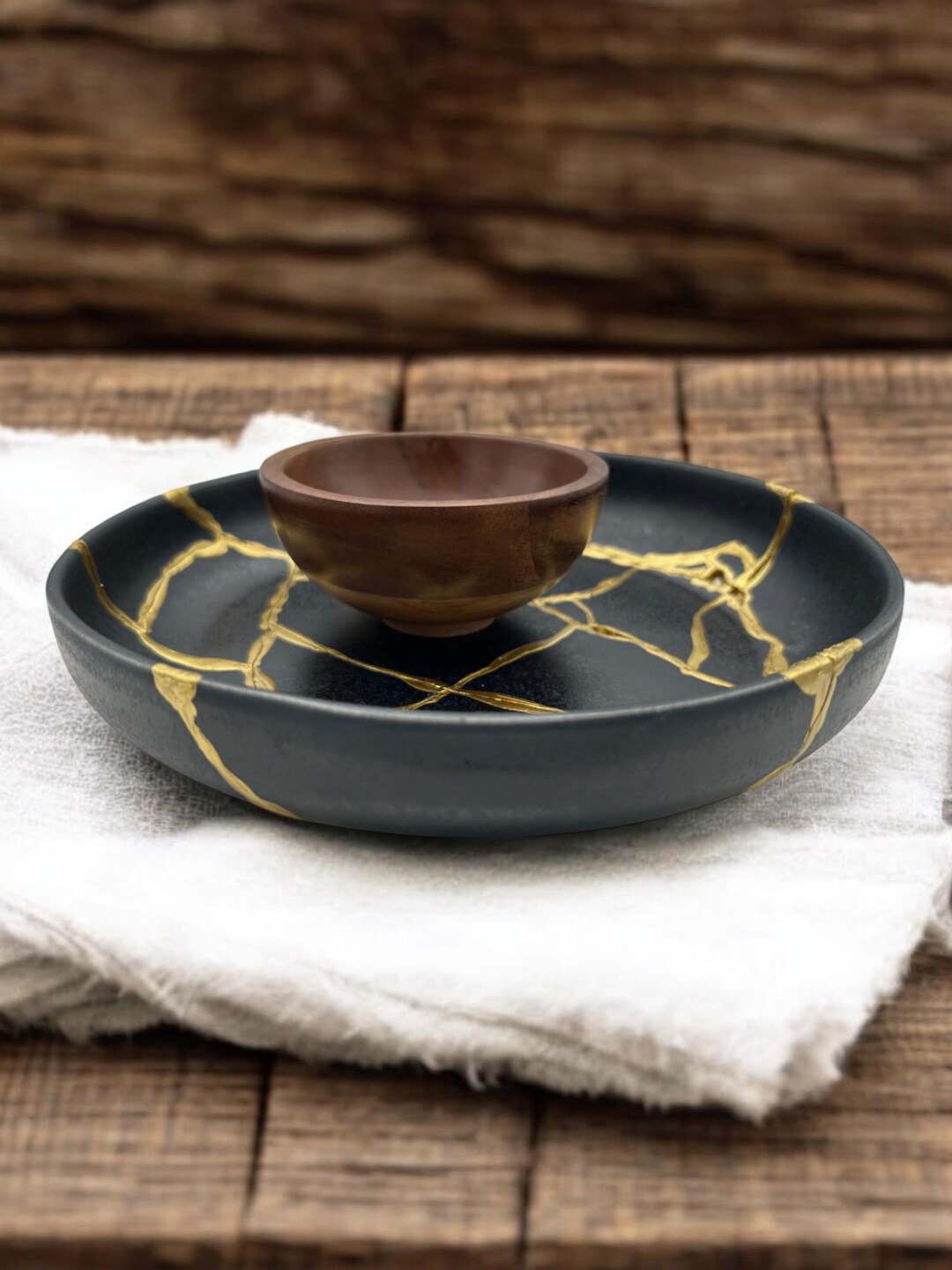 Dark Blue Kintsugi Low Bowl W/ Attached Wood Pinch/ring Bowl Broken ...