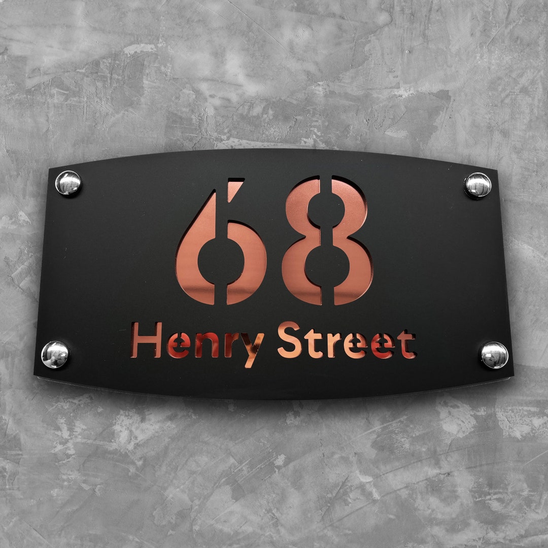 Modern House Number Wall Plaque Precision-cut Acrylic Sign Black & Rose ...