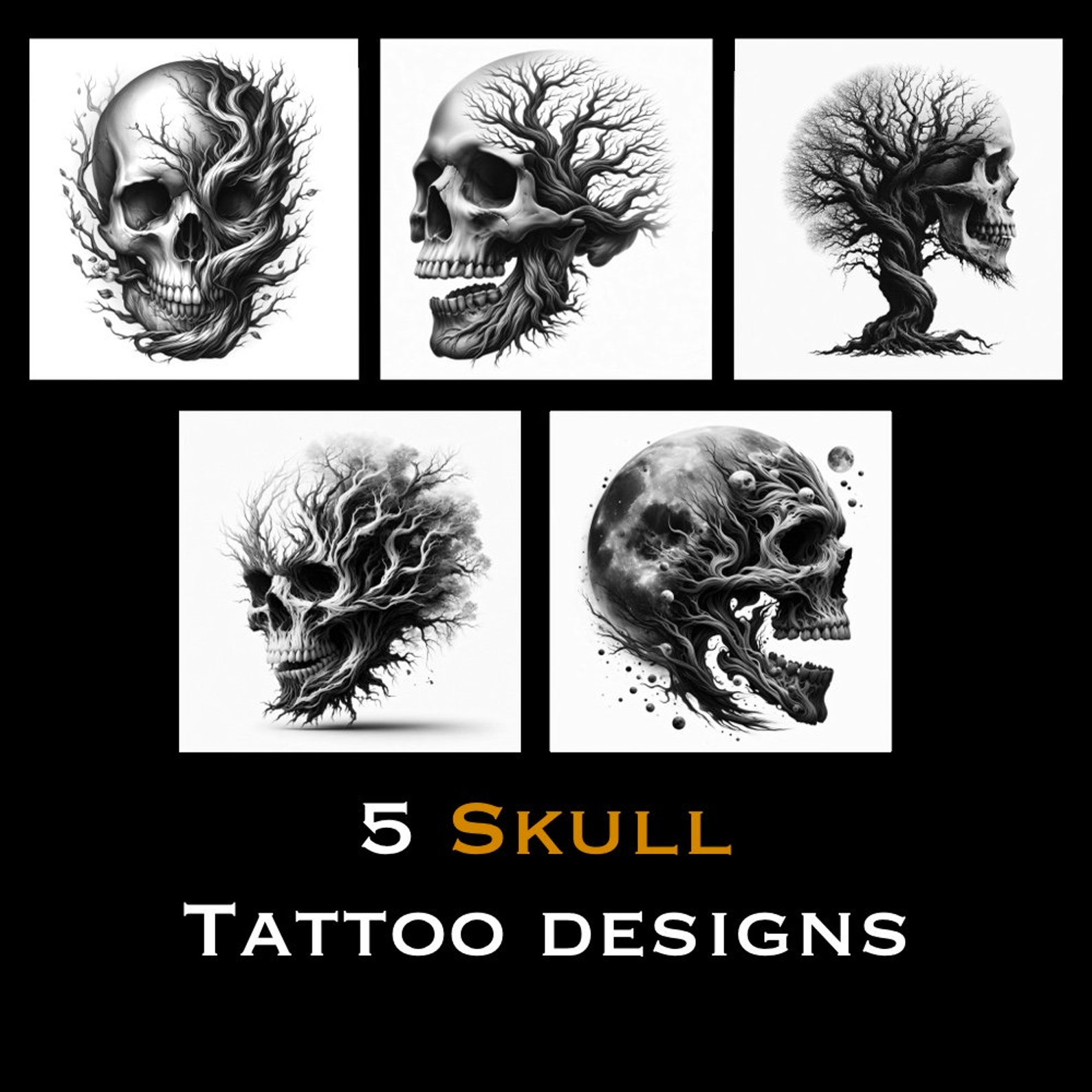 5 Skull Tattoo Designs in White Background PNG High Resolution - Etsy