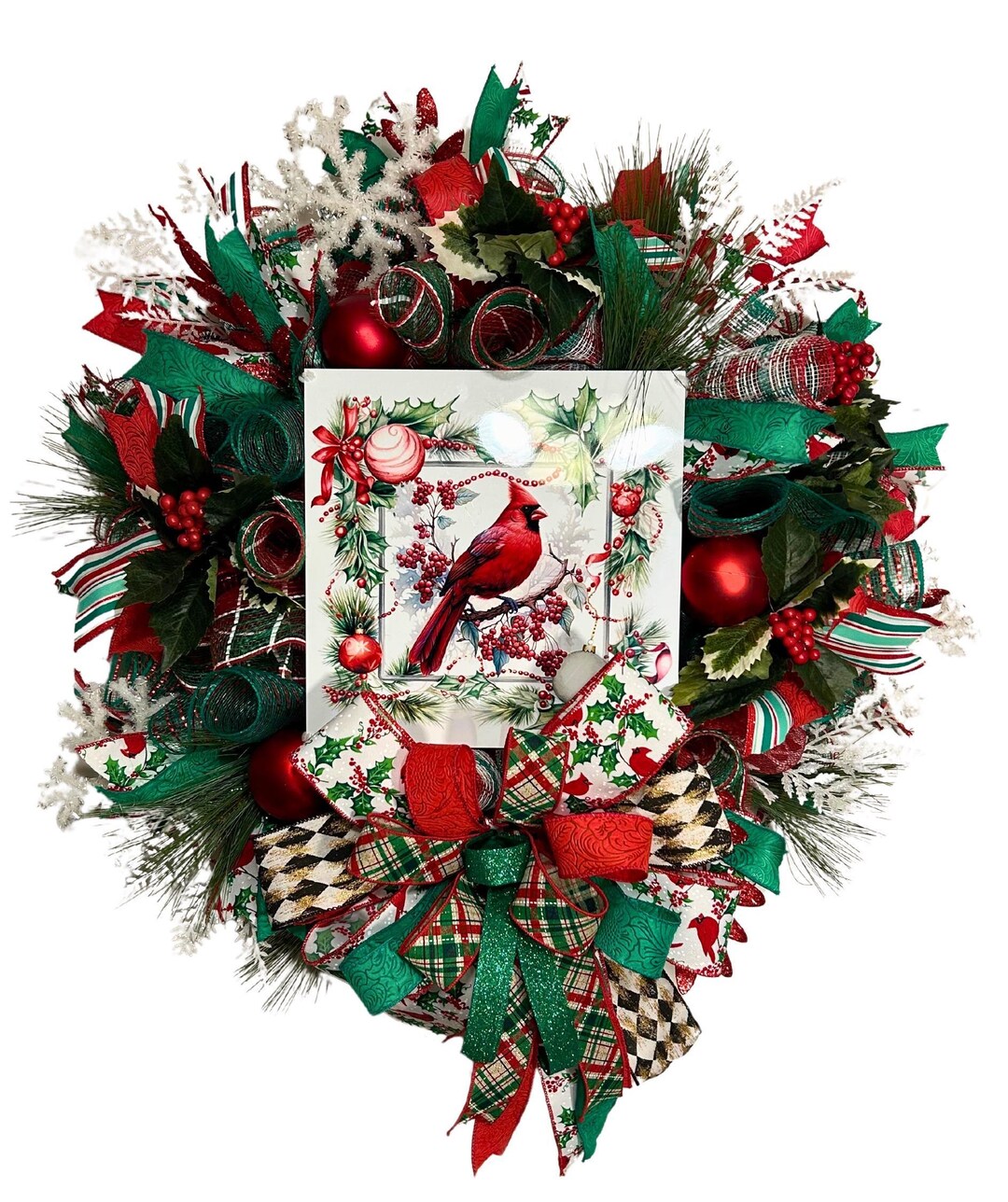 Cardinal Christmas Wreath | Red and Green Holiday Wreath With Cardinal ...