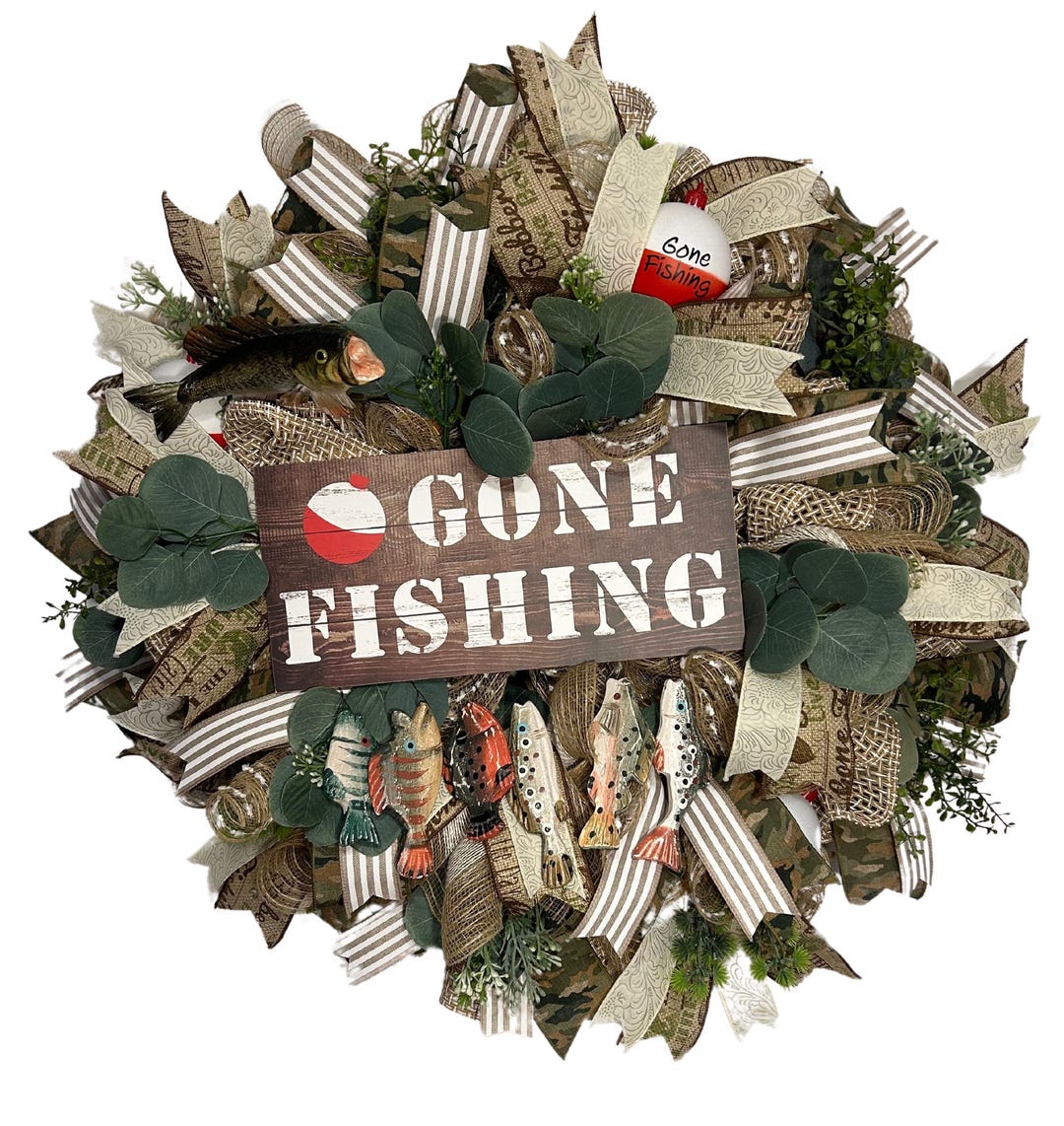 Gone Fishing Wreath - Rustic Fisherman Door Decor, Handmade Fishing ...