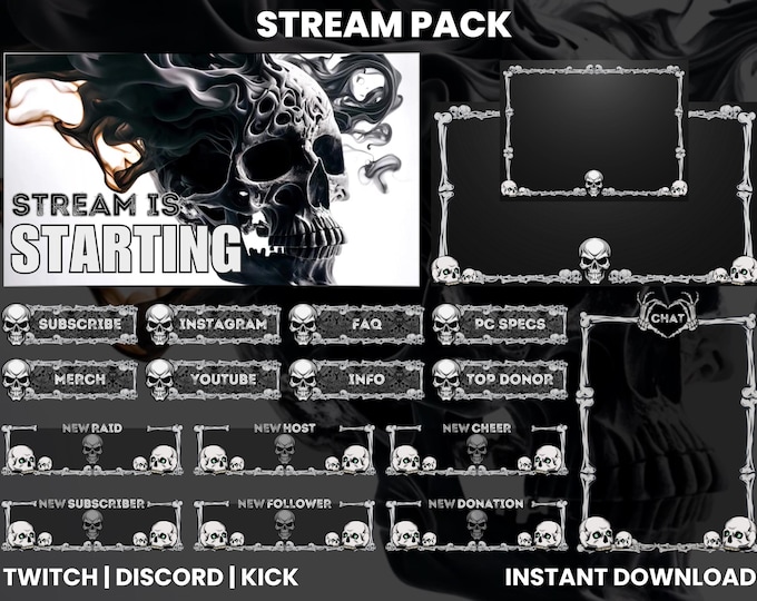 Animated Black & White Twitch Overlay Package, Dark Theme Stream ...