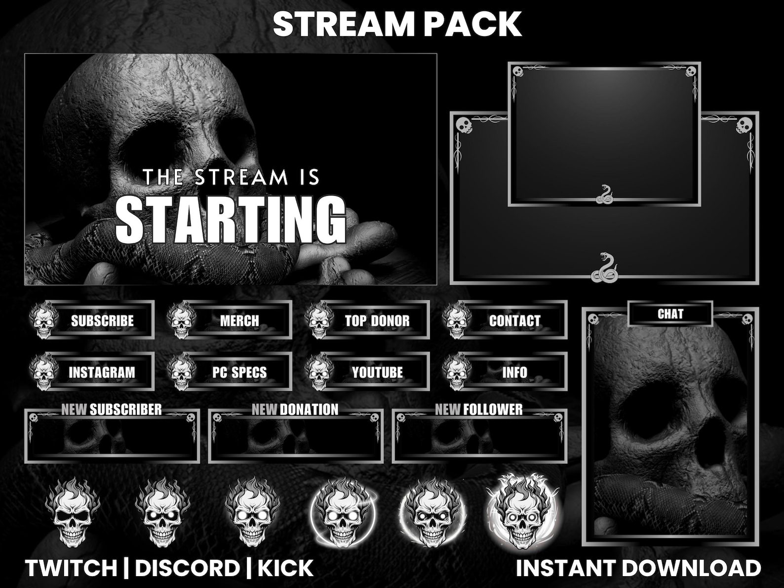 Grey Skull Stream Pack | Dark-themed | Gothic Overlay | Webcam Overlay ...