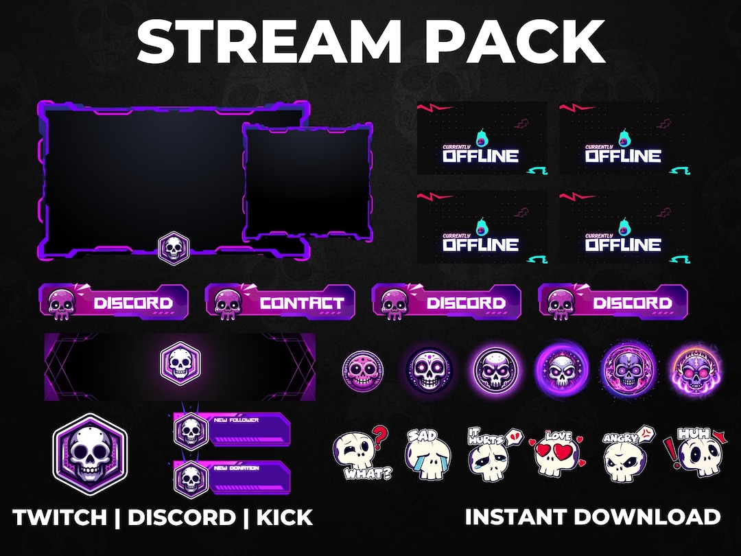 Skull Stream Pack Skull Overlay Twitch Screen Overlay Twitch Panels ...