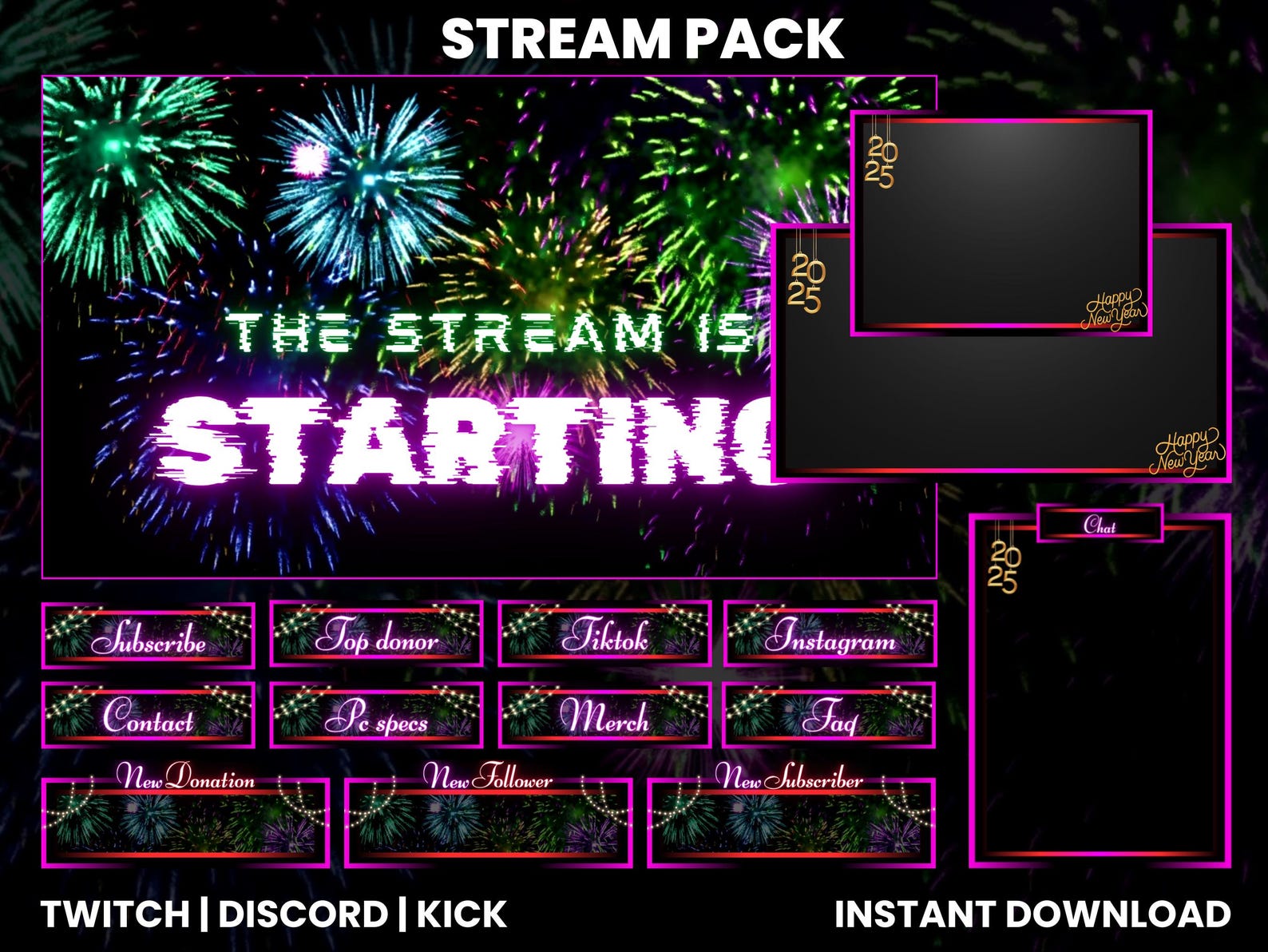 2025 New Year Fireworks Stream Pack | Animated OBS Overlay - Etsy