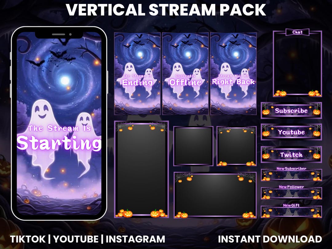 Purple Ghost Vertical Halloween Stream Pack | Animated Twitch Overlay ...