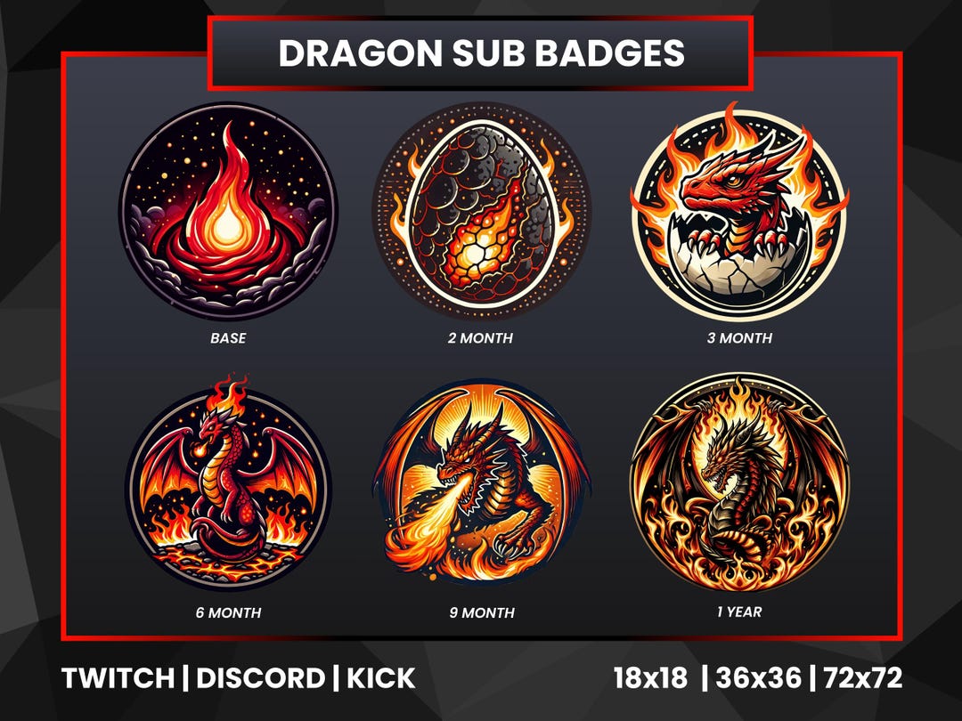 Dragon Twitch Sub Badges | Twitch Badges | Fire Dragon Bit Badges ...