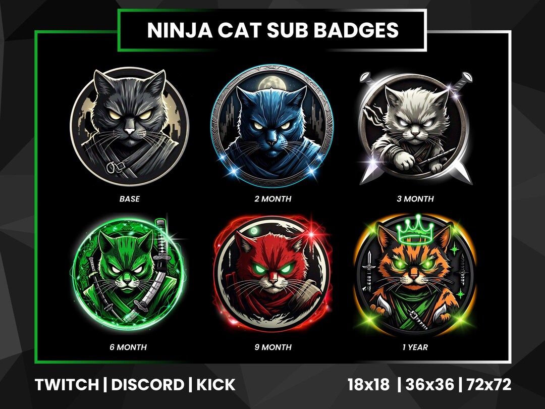 Ninja Cat Twitch Sub Badges | Green Cat Badges | Black Ninja Cat Badges ...