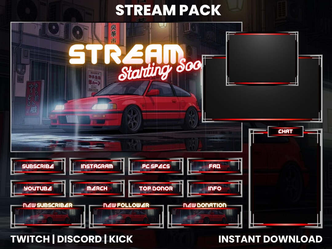 Red Honda CRX Twitch Stream Pack: Animated Screens, Overlays, Panels ...