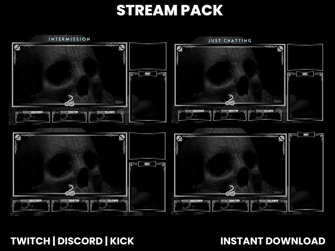 Grey Skull Stream Pack | Dark-themed | Gothic Overlay | Webcam Overlay ...
