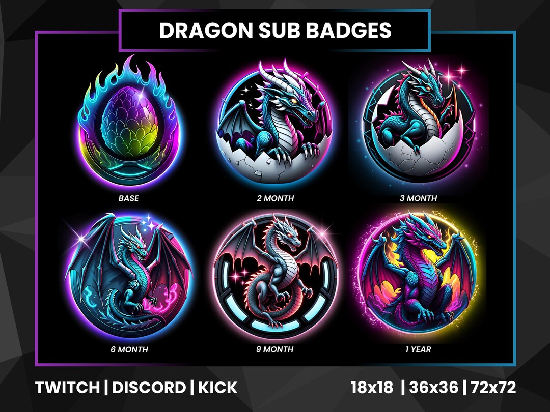Neon Dragon Twitch Sub Badges | Twitch Badges | Neon Dragon Bit Badge ...