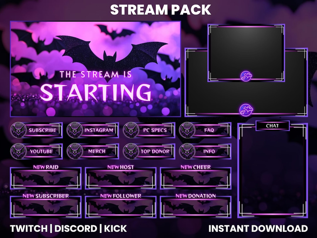 Black Bat Twitch Stream Pack | Purple Animated Overlay (digital ...