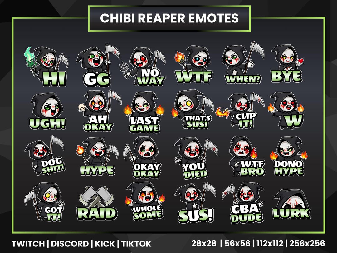 Chibi Grim Reaper Emote Pack | Cute Reaper Twitch Emotes | Halloween ...